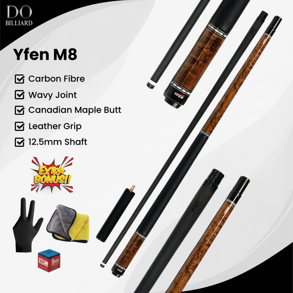 Jual Stick Billiard YFEN M8 Carbon Cue Leather Grip Low Deflection ...