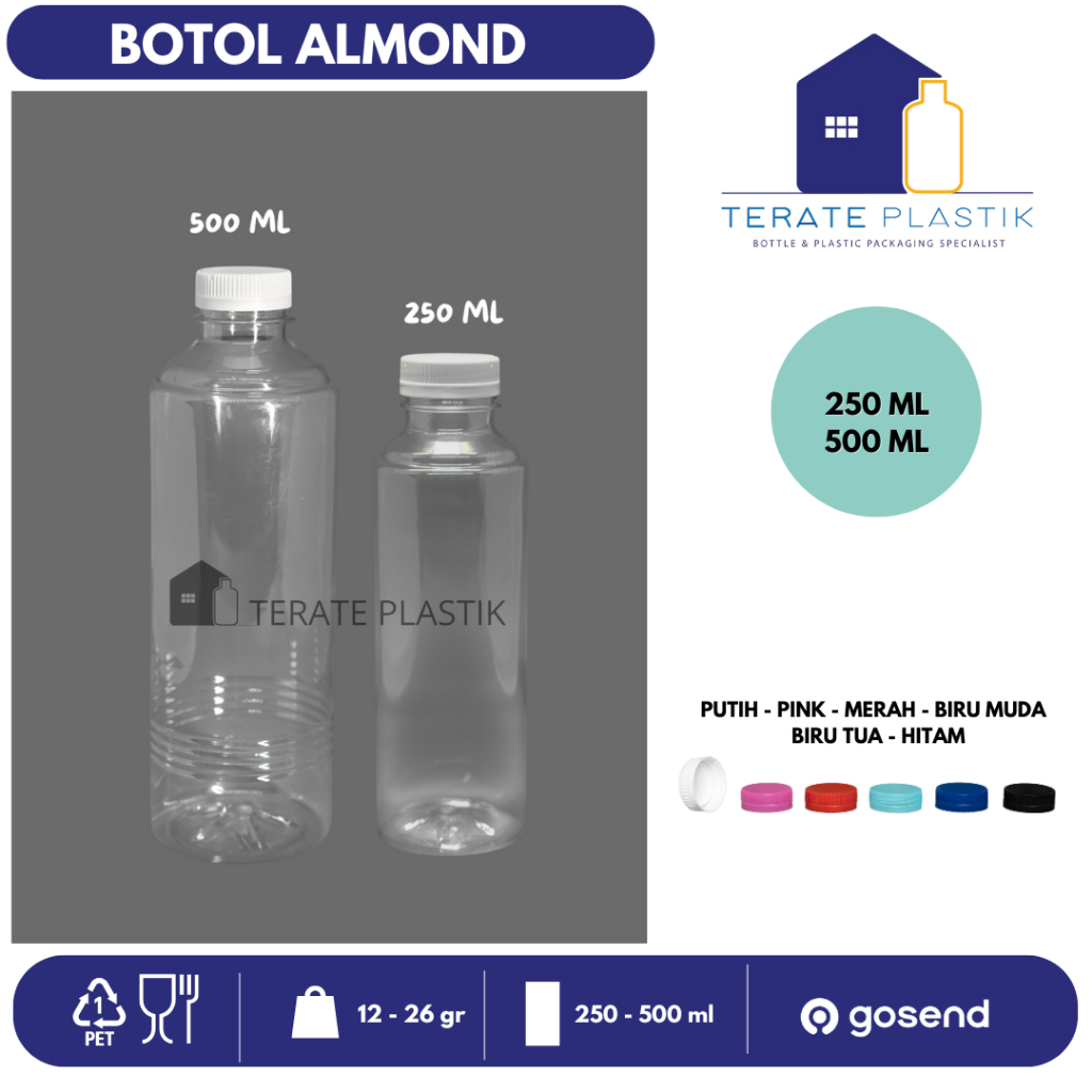 Jual Per 20 pcs, Botol Almond 250ml & 500ml | Botol Minuman PET | Tutup ...