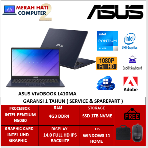 Jual Laptop Asus Vivobook L410MA Intel N5030 4GB 1TB SSD 14 Inch FHD BL ...