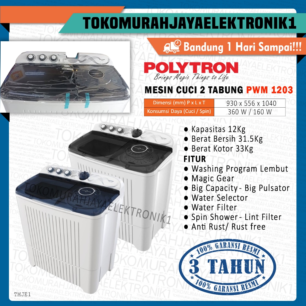 Jual Mesin Cuci 2 Tabung POLYTRON Primadona Giant 12 Kg PWM 1203 X/B ...