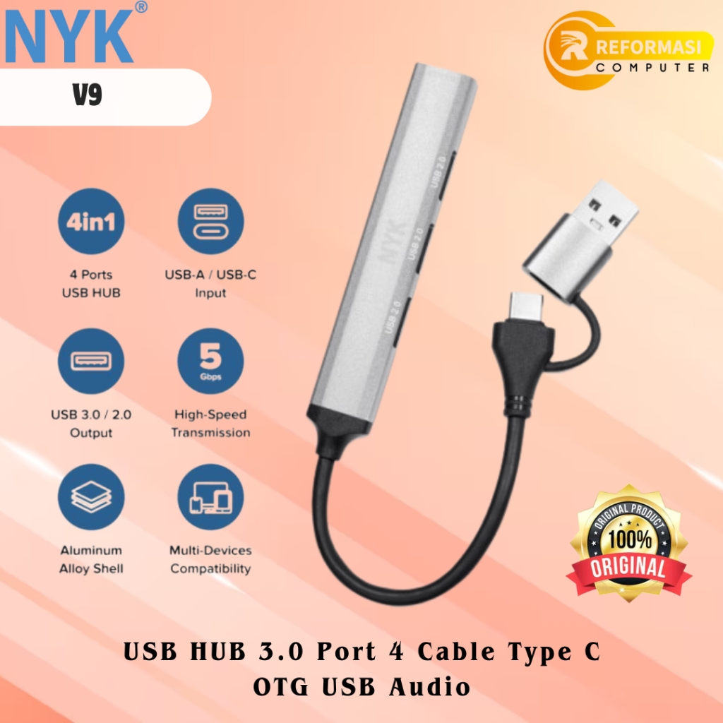 Jual NYK USB HUB 3.0 NYK V9 Audio Port 4 Cable Type C OTG USB | Shopee ...