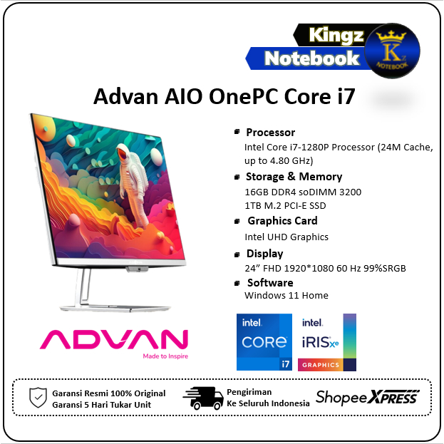 Jual Advan AIO One PC Core i7 1280p 16GB 1TB SSD Win11 23,8" FHD 99% ...