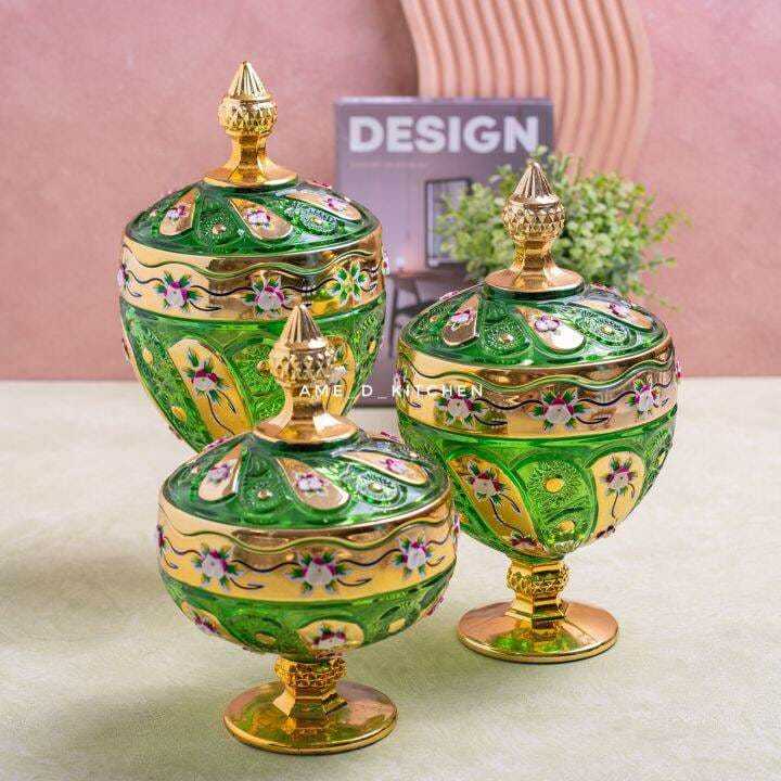 Jual Toples kaca piala set 3 tempat permen snack motif EMERALD crystal ...