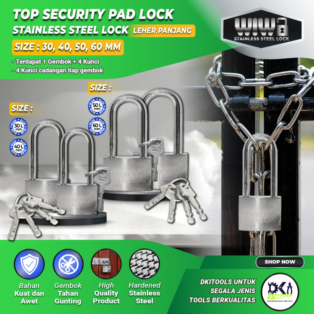 Jual WIWA Gembok Pagar Rumah Stainless 4 Key Leher Panjang | Shopee ...