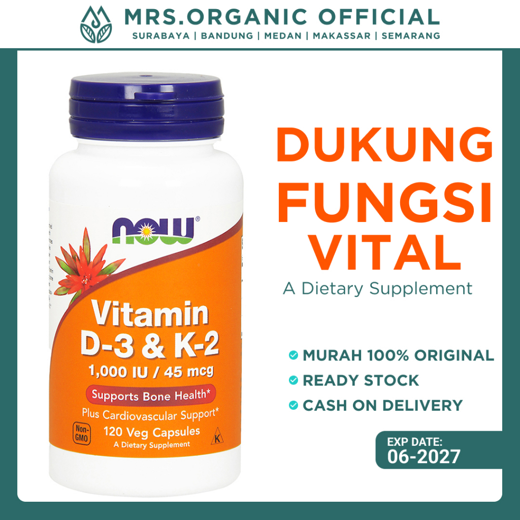 Jual NOW Vitamin D3K2 Vitamin D3 1000 IU K2 45 mcg Isi 120Caps - Rahasia Tulang Kuat & Jantung ...