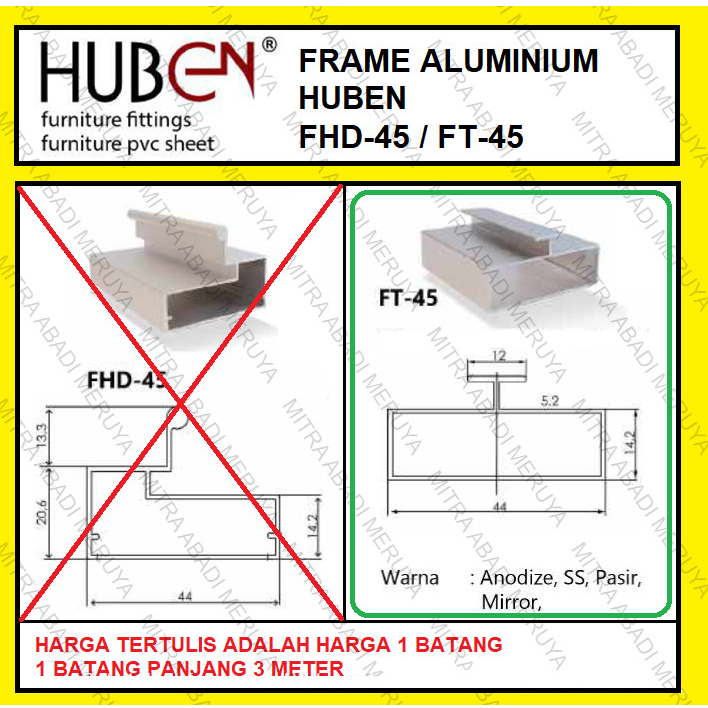 Jual Profil Frame Handle Alumunium Aluminium HUBEN FT 45 FT45 FT-45 ...