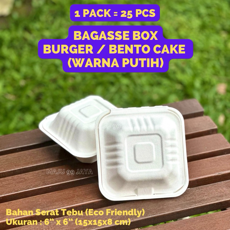 Jual (25 PCS) Bagasse Box Burger Bento Cake Warna Putih Ukuran 15x15x8 ...