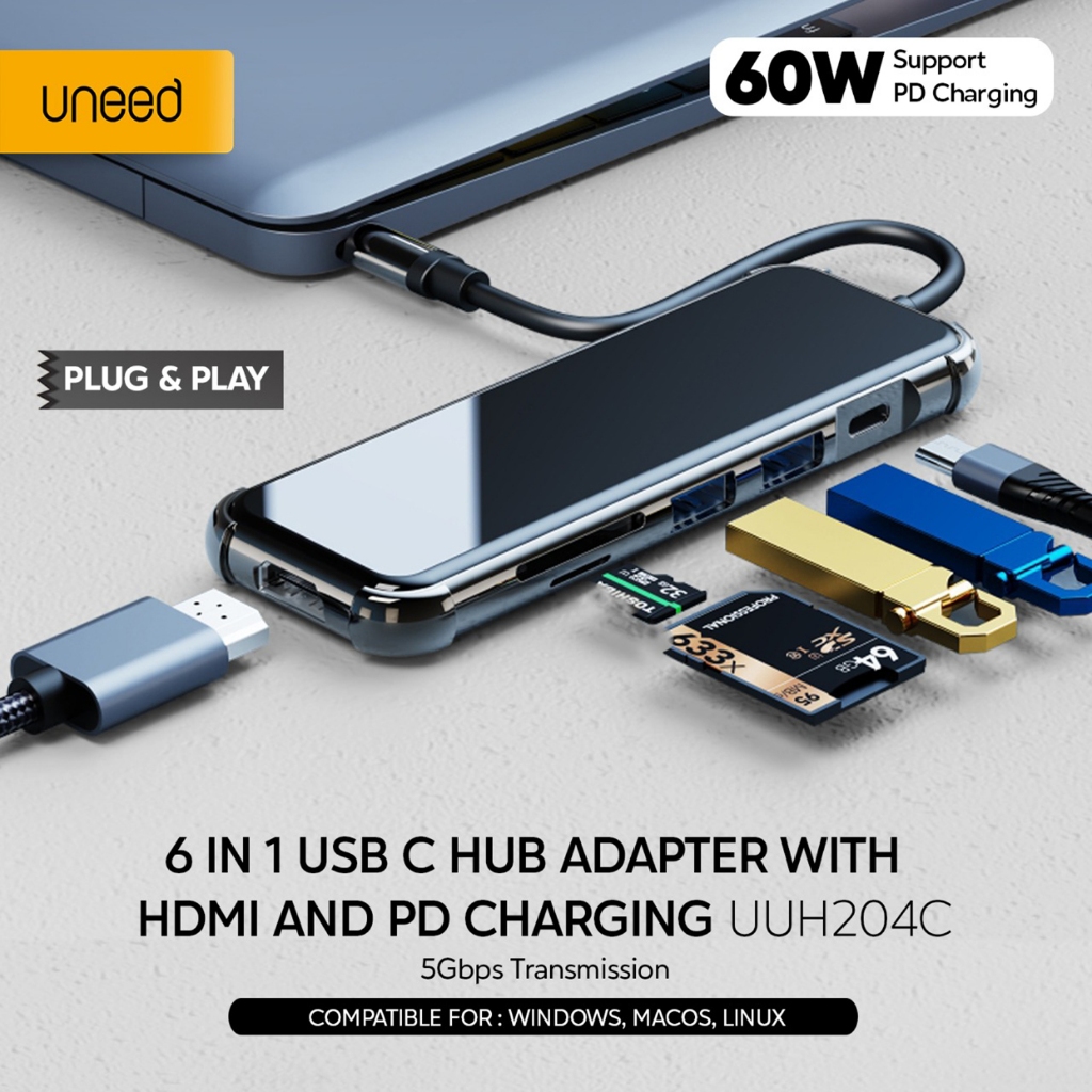 Jual UNEED USB Hub Type C to HDMI Thunderbolt 3 USB 3.0 PD 60W ...