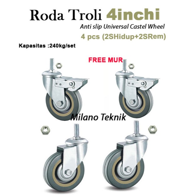 Jual Roda Troli 4 inchi RS VARIAN (Screw HIDUP/REM)+mur ABU-Anti slip ...