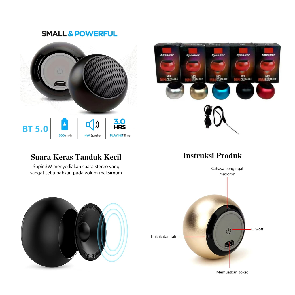 Jual Speaker Bluetooth Metal M3 Extra Bass Mini Portable Wireless ...