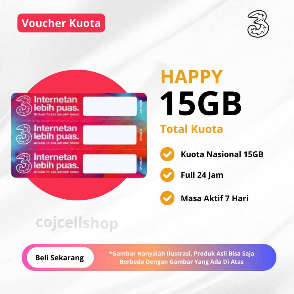 Jual Voucher Kuota Tri Happy 15GB 7 Hari Full 24 JAM - Paket Data Tri Harian | Shopee Indonesia