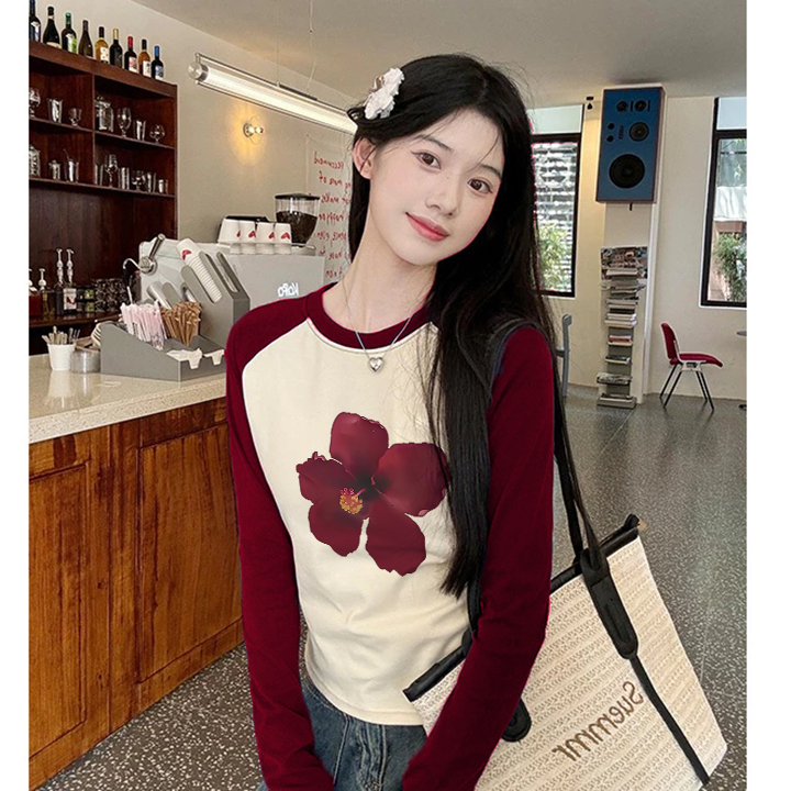 Jual Monseur Korea Wanita Top Merah Raglan Slim Crop Top Y2K/Crew Neck ...