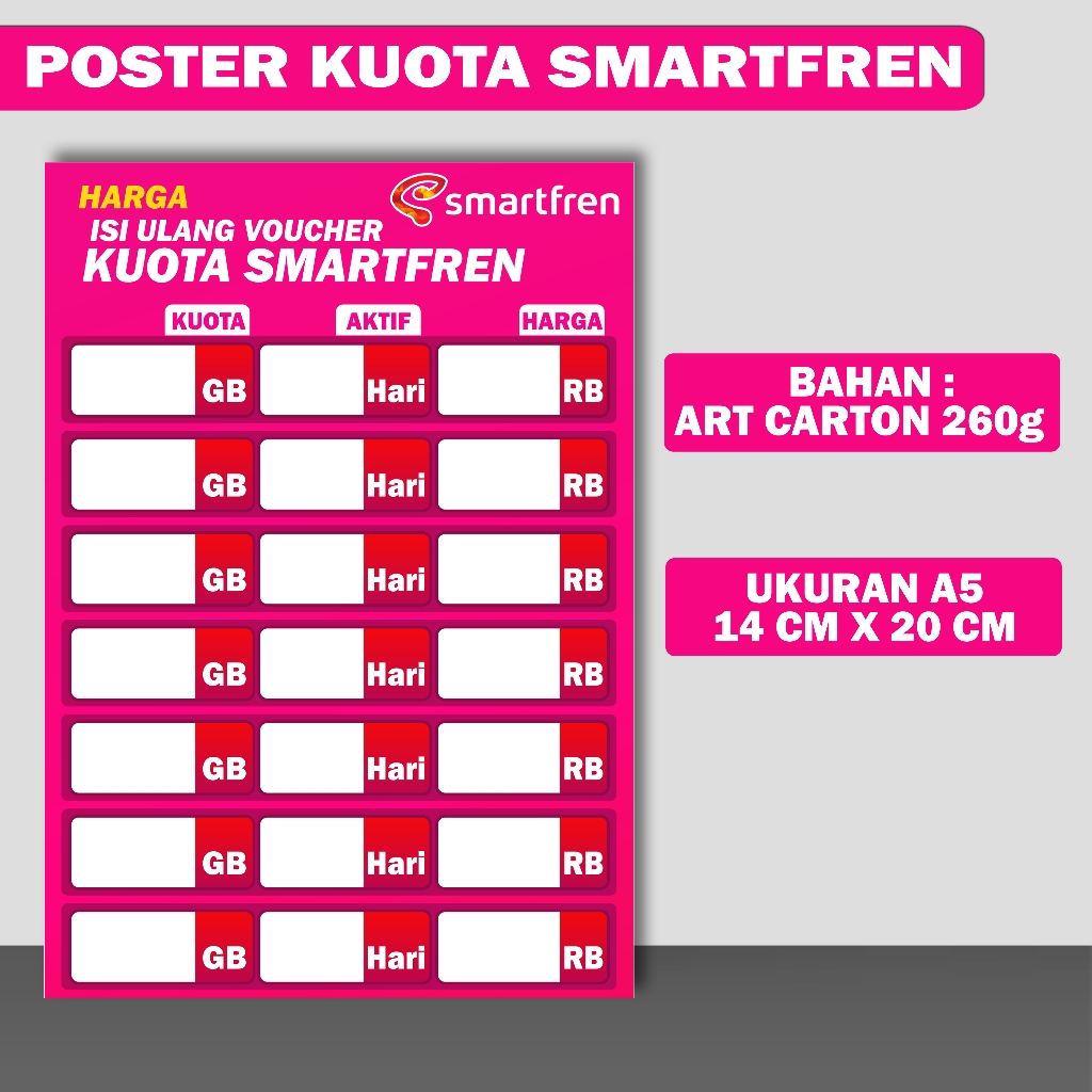 Jual POSTER KONTER DAFTAR HARGA VOUCHER KUOTA SMARTFREN (CUSTOM ...