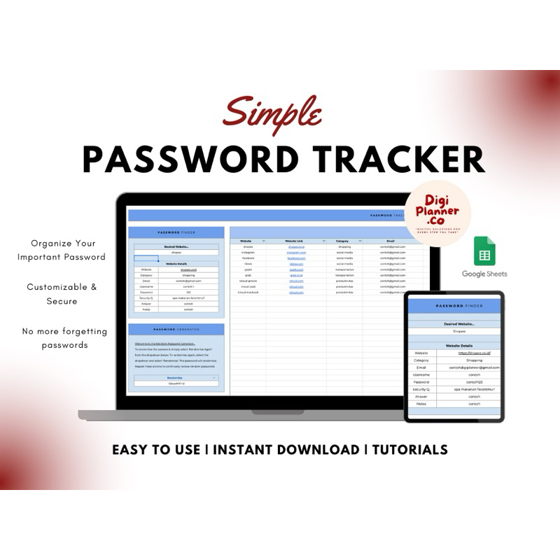 Jual Password Tracker Template Spreadsheet | Easy Track Your Password ...