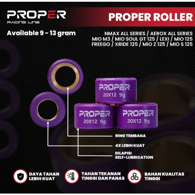 Jual PROPER RACING LINE ROLLER 20X12 9-13 GRAM NMAX AEROX LEXI MIO M3 ...