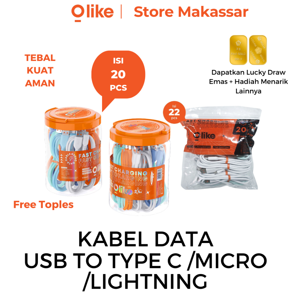 Jual OLIKE Kabel Data D306 2.4A Colorful Type C Micro Lightning Isi 20 ...