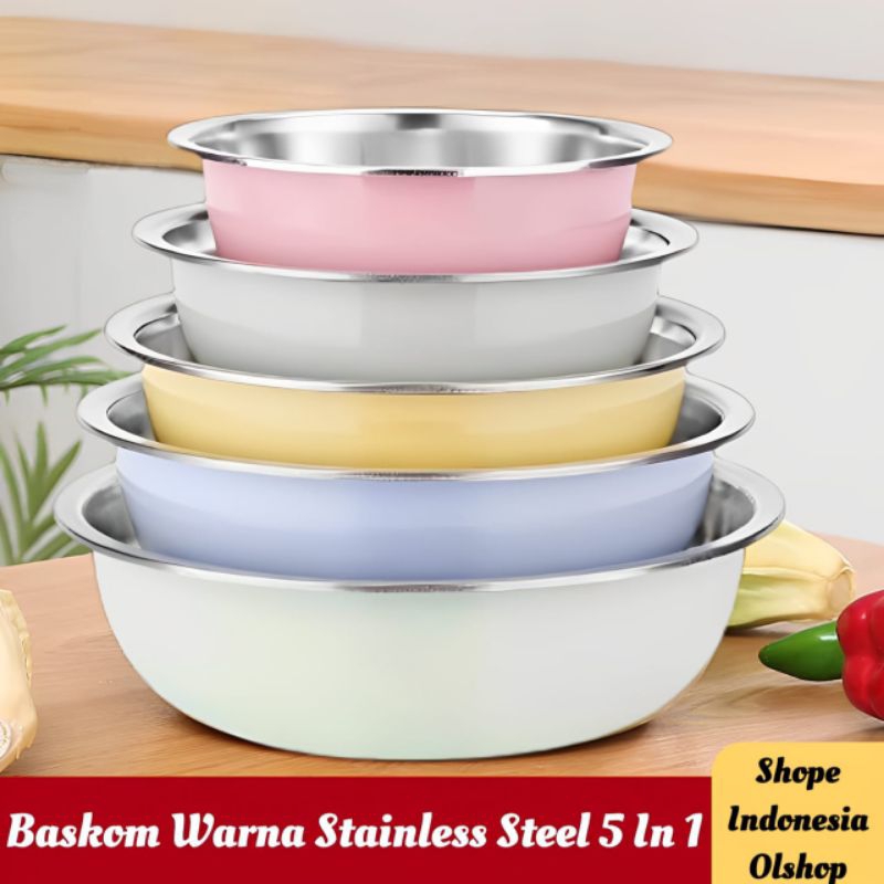 Jual Baskom Set Stainless Steel Baskom Set 5in1 Baskom Tinggi Tebal Baskom Cuci Beras Sayur ...