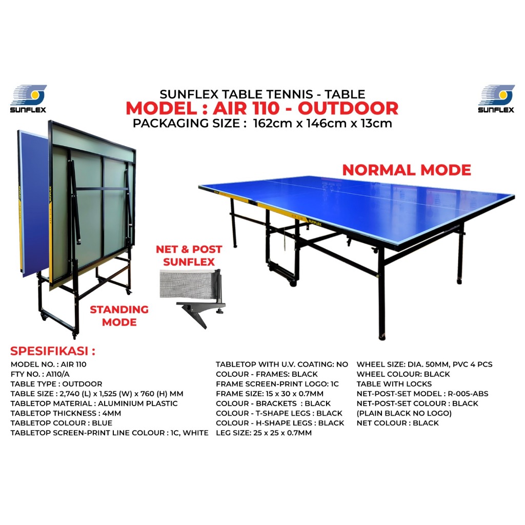 Jual Meja Pingpong Tenis Meja Sunflex Air 110 Outdoor 4mm Net Post Sunflex Original | Shopee ...