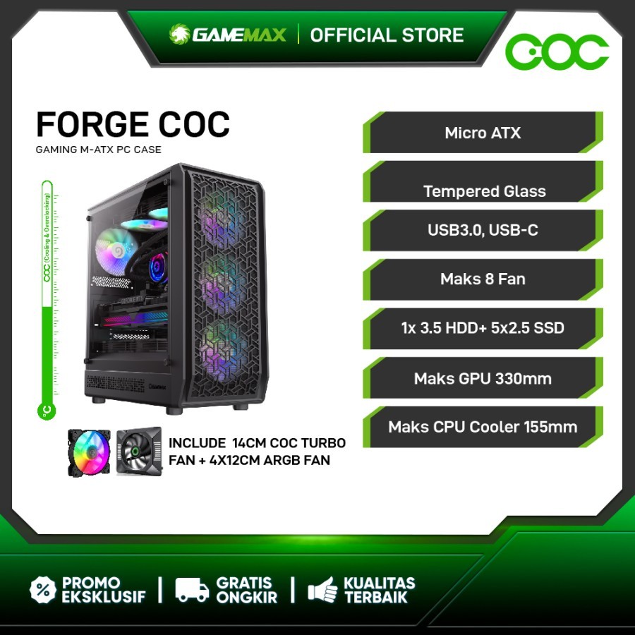 Jual Casing PC Gamemax FORGE COC mATX Gaming PC case with COC Turbo Fan ...
