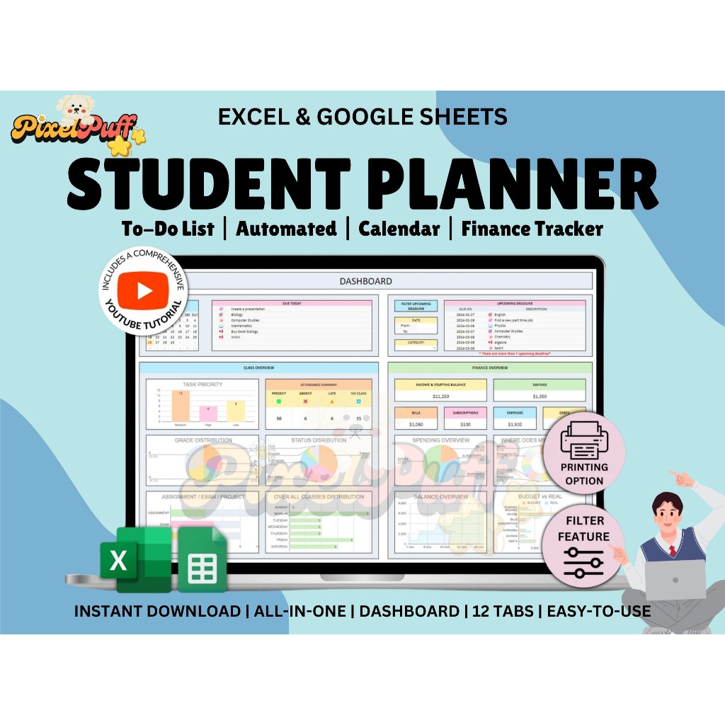 Jual Student Planner Spreadsheets Assignment Tracker Academic Planner ...