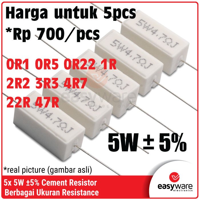 Jual 5x Cement Resistor 5W 5% 0R1 0R5 0R22 1R 2R2 3R3 4R7 22R 47R Cement Resistor Kapur Putih 0. ...