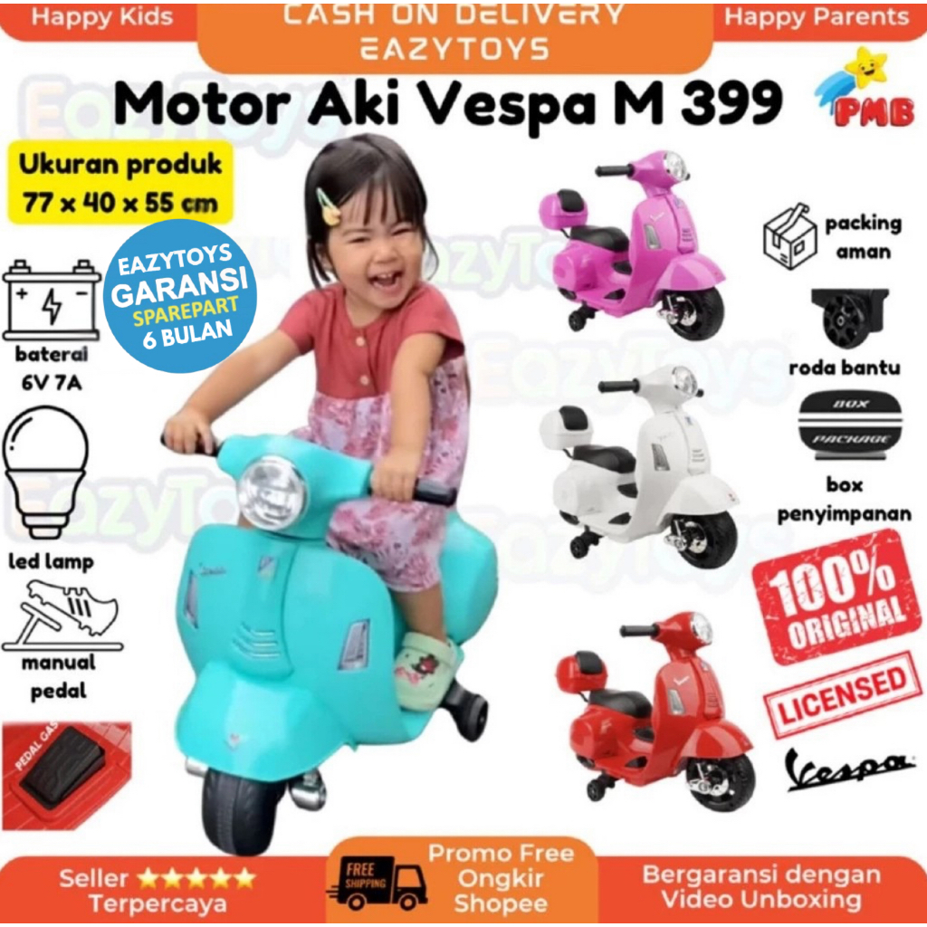 Jual Motor Aki Anak VESPA OFFICIAL LICENSED PMB M399 BOX Mainan Motor Anak Bisa Dinaiki | Shopee ...