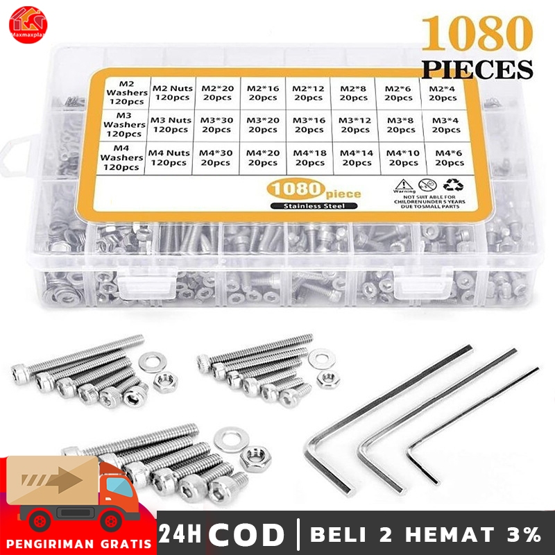 Jual 1080pcs/Set Baut Soket Mur dan Mur M2/M3/M4 Stainless Steel Hex ...