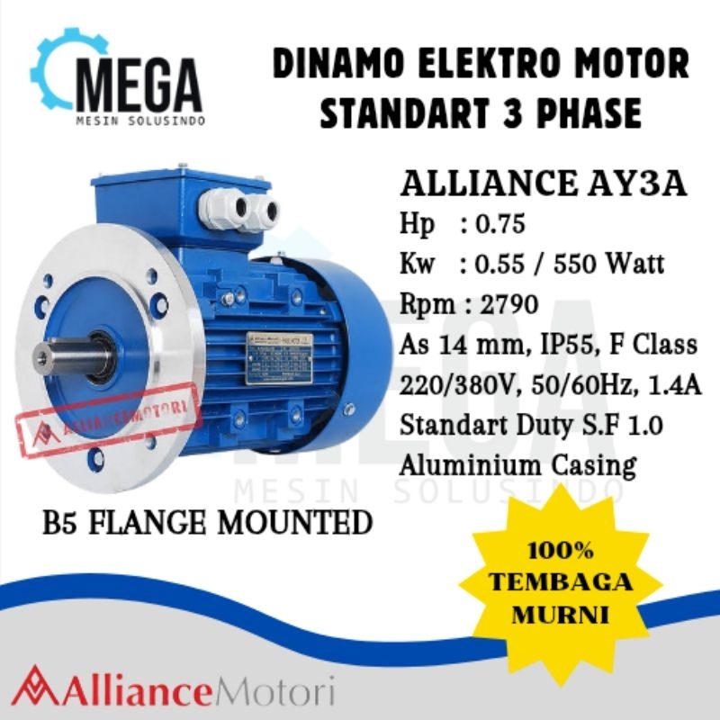 Jual Alliance Dinamo 3 Phase 0.75 HP 0.55 KW 2800rpm 100% LILITAN ...