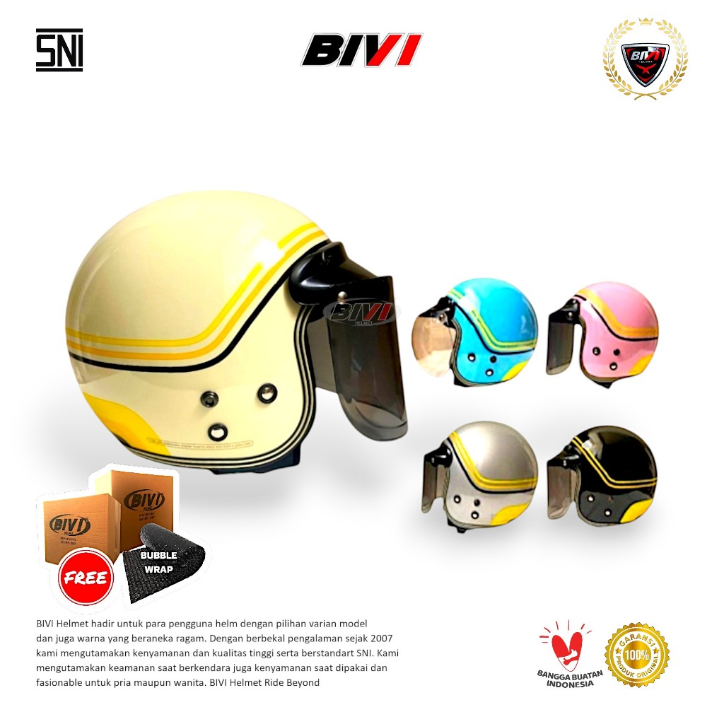 Jual HELM BIVI Bogo Chip Motif Strip SNI Retro Half Face + Kaca Dewasa Pria Wanita Hijab ...