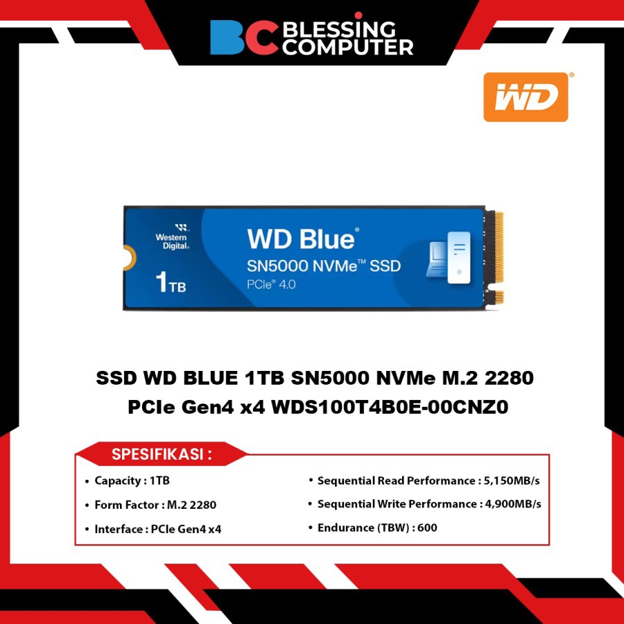 Jual SSD WD BLUE 1TB SN5000 NVMe M.2 2280 PCIe Gen4 x4 WDS100T4B0E-00CNZ0 | Shopee Indonesia
