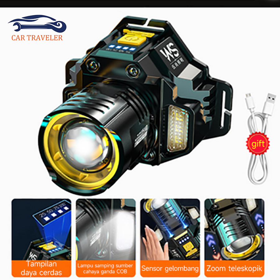Jual Headlamp outdoor LED 500W Senter kepala Zoom Waterproof USB ...
