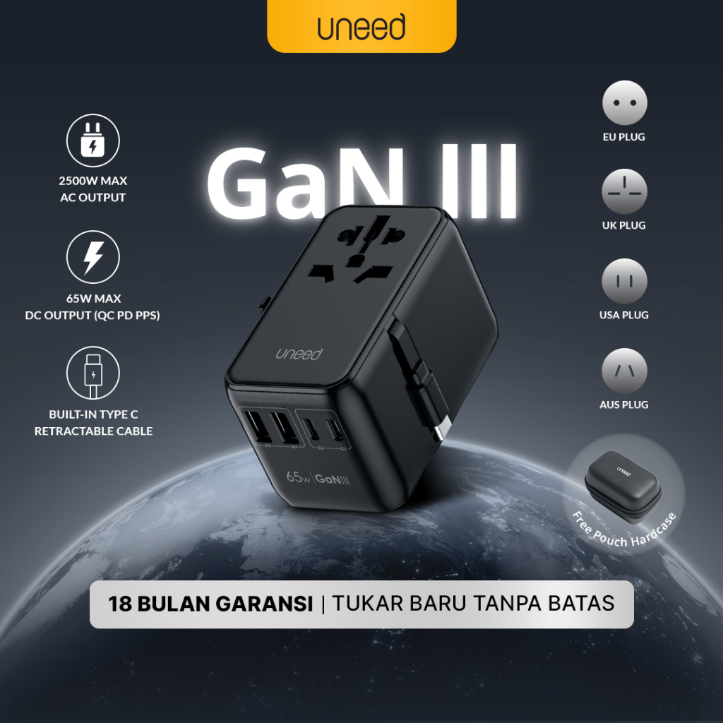 Jual UNEED Travel Adapter GaN III 65W Universal Charger 5 Port PD 3.0 ...