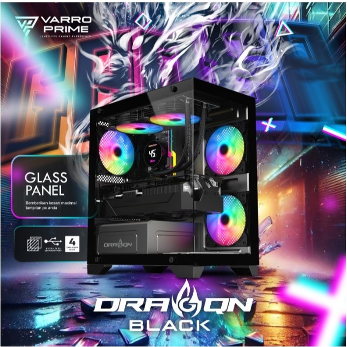 Jual Casing PC Gaming Varro Prime DRAGON Black M-atx Include 3Fan RGB ...