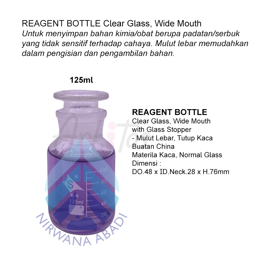 Jual Botol Reagen 125ml Bening Wide Mouth RRC, Reagent Bottle Clear ...