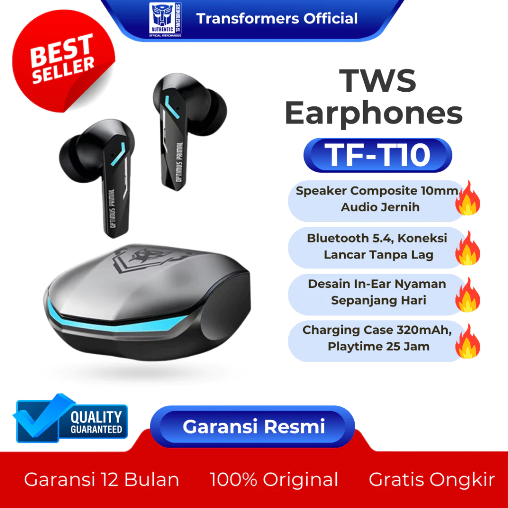 Jual EARPHONE TRANSFORMERS TF-T10 TWS EARBUDS BLUETOOTH 5.4 - HEADSET GAMING - HEADSET WIRELESS ...