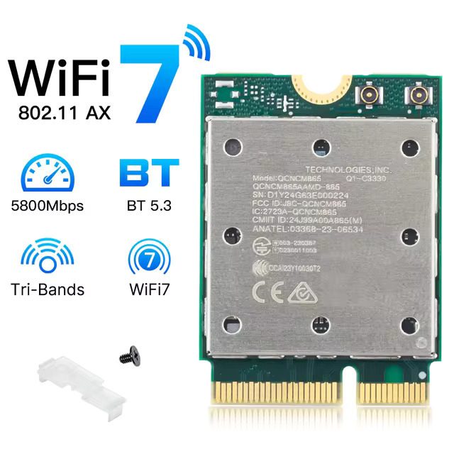 Jual wifi 7 card Qualcomm QCNCM865 wifi7 Bluetooth 5.3 Wireless Tri Band 2.4G 5G 6G 802.11ax M.2 ...