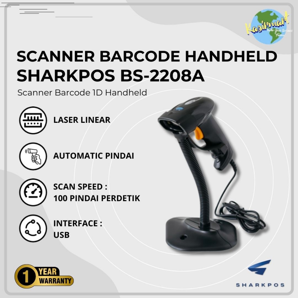 Jual Scanner Barcode 1D Sharkpos BS2208A Scan Barcode Batang Garis 1D ...