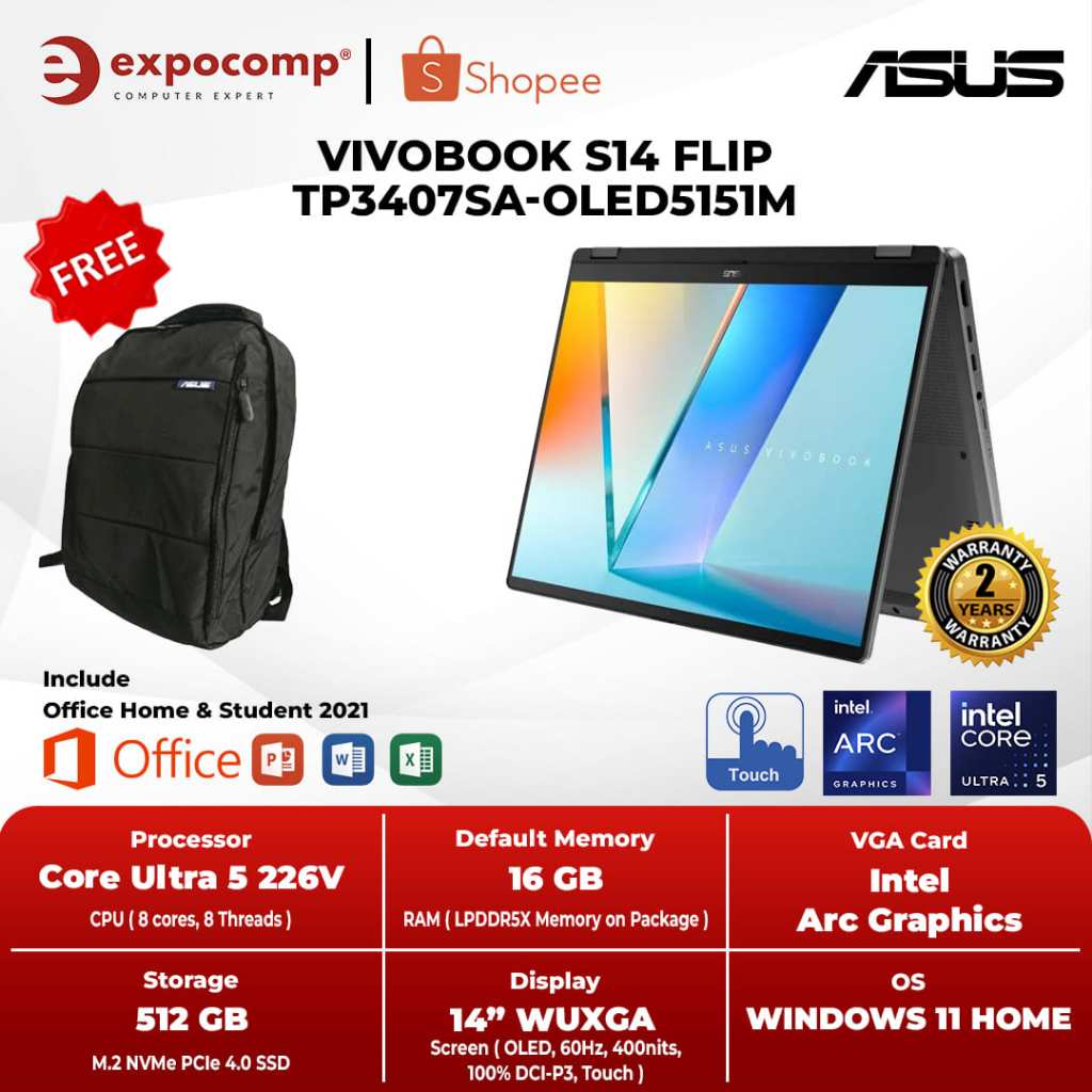 Jual ASUS VIVOBOOK S14 FLIP TP3407SA-OLED5151M GREY ULTRA 5-226V TOUCH ...