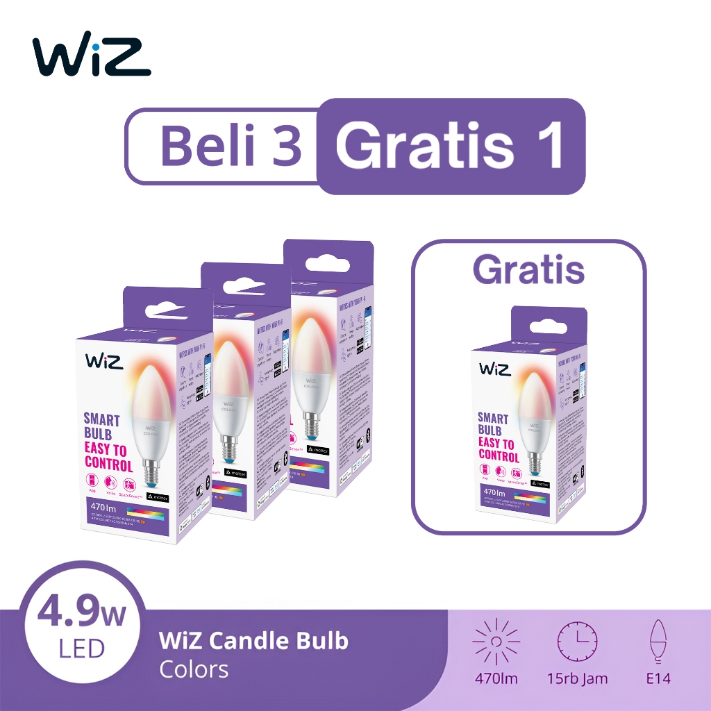 Jual WiZ Paket Lampu Smart WiFi Candle Bulb LED 4.9W E14 Beli 3 Gratis 1 | Shopee Indonesia