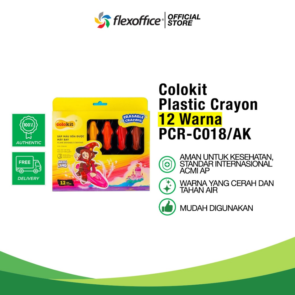 Jual FlexOffice Colokit Erasable Plastic Crayon PCR-018 12 Warna/Set krayon anak aman bisa ...