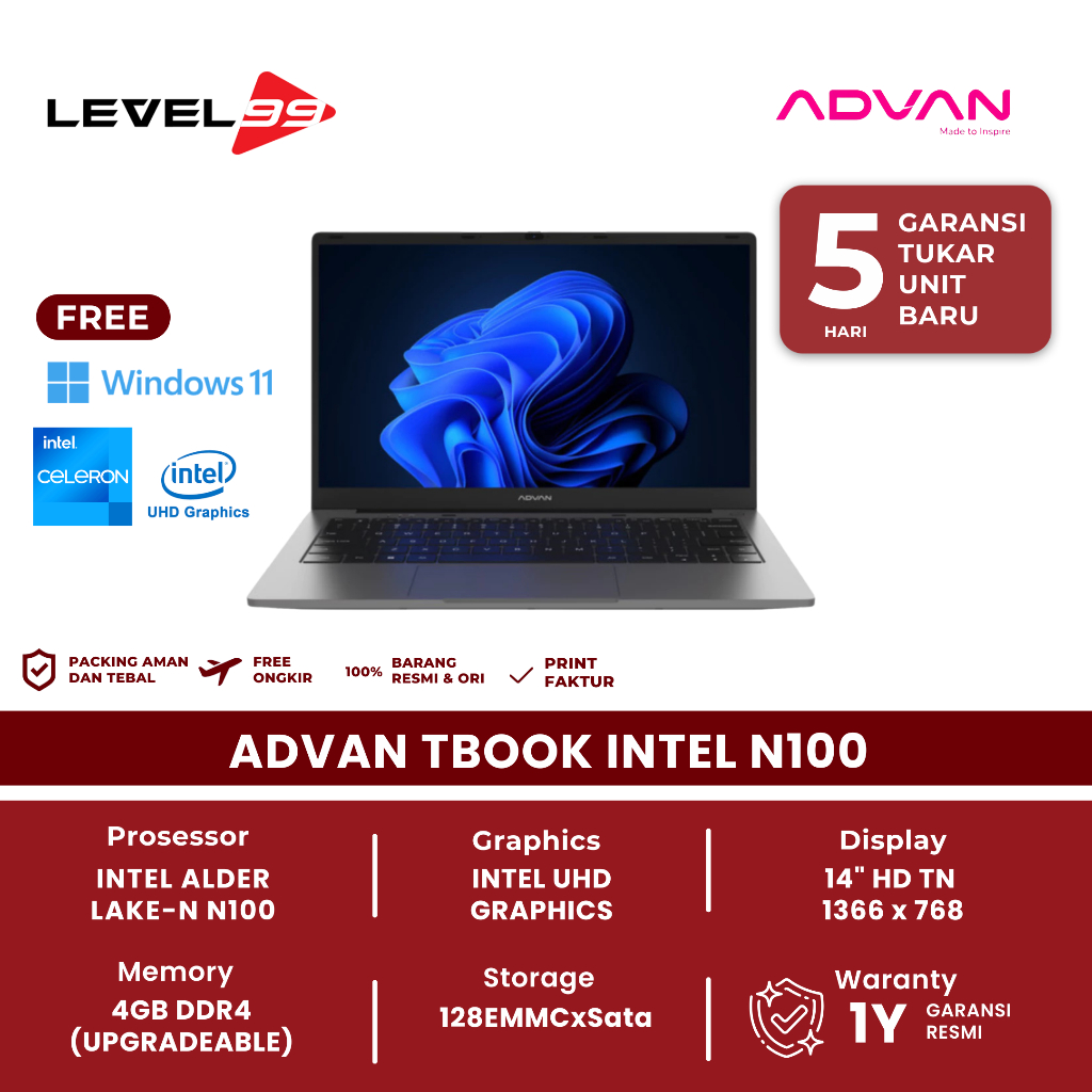 Jual Laptop Advan Tbook Intel N100 8Gb/384Gb 14" Hd Notebook Windows 11 ...