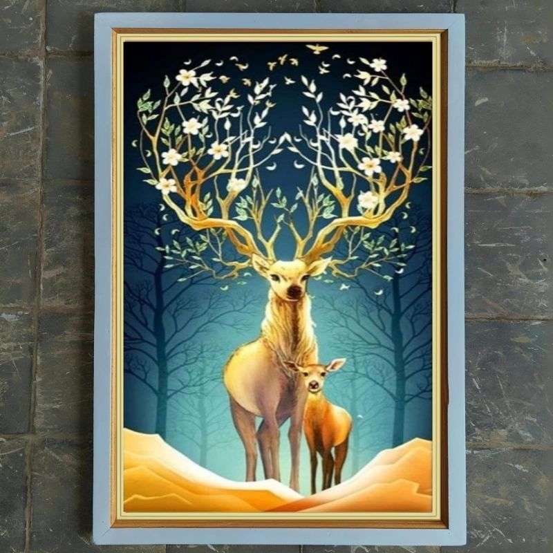 Jual hiasan dinding lukisan cetak sepasang rusa emas estetik plus ...