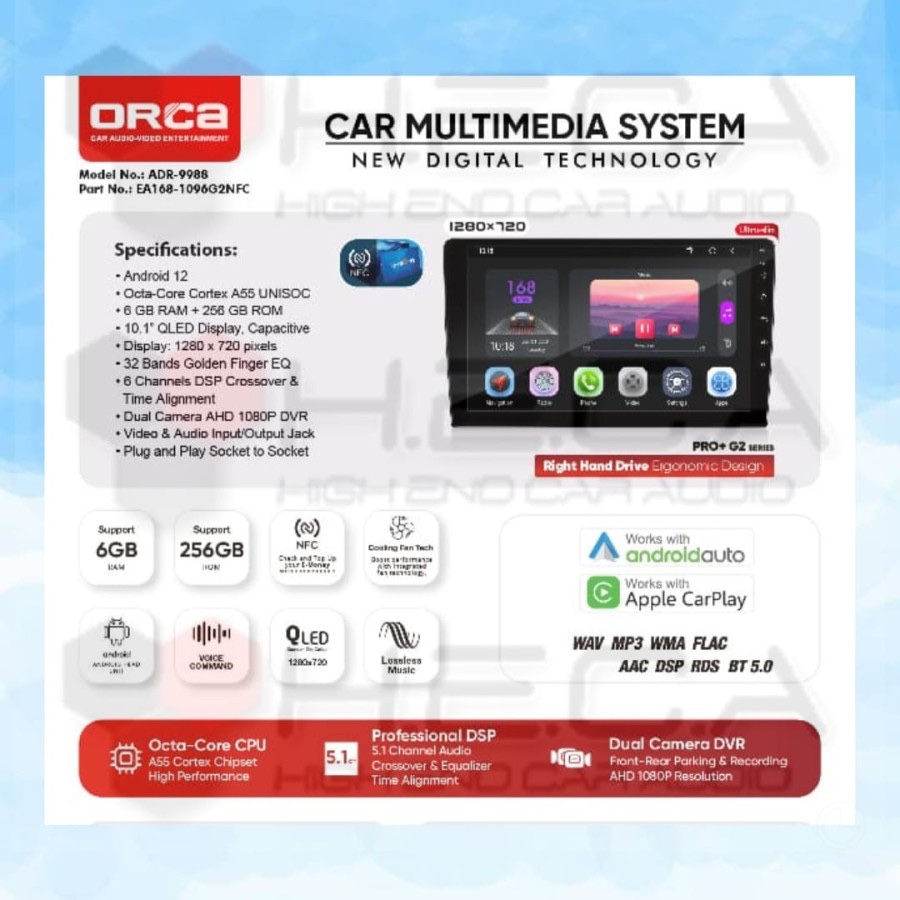 Jual ORCA PRO+ G2 6/256 GB 10 inch QLED NFC ADR-9988 Head Unit Mobil Android 10" Tape TV ...