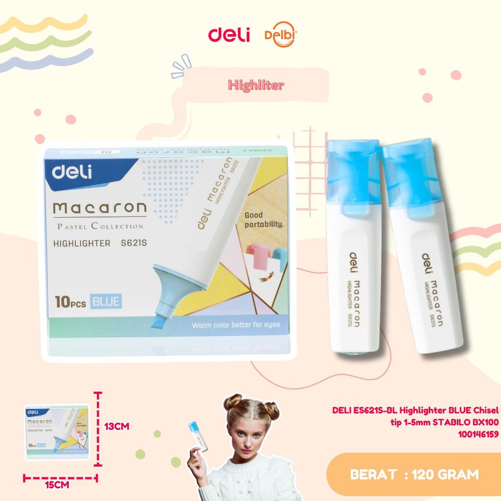 Jual DELI ES621S-BL Highlighter BLUE Chisel tip 1-5mm STABILO | Shopee ...