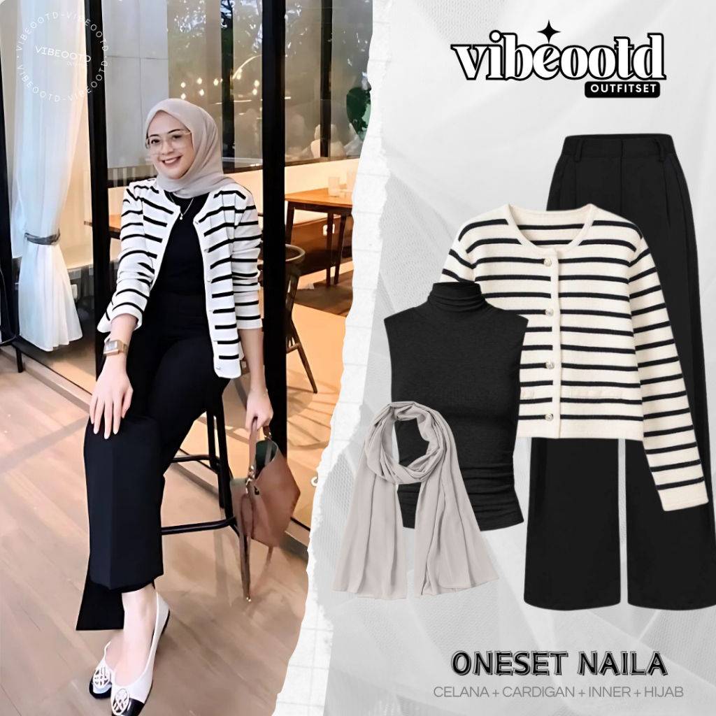 Jual Naila Outfit Set Wanita Hijab ( Celana Kulot + Cardigan Stripe + Inner + Bella Square ...