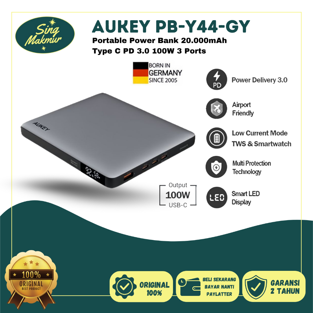 Jual AUKEY Powerbank 20000mah PB-Y44 Grey USB C 100W PD 3.0 PPS | Shopee Indonesia