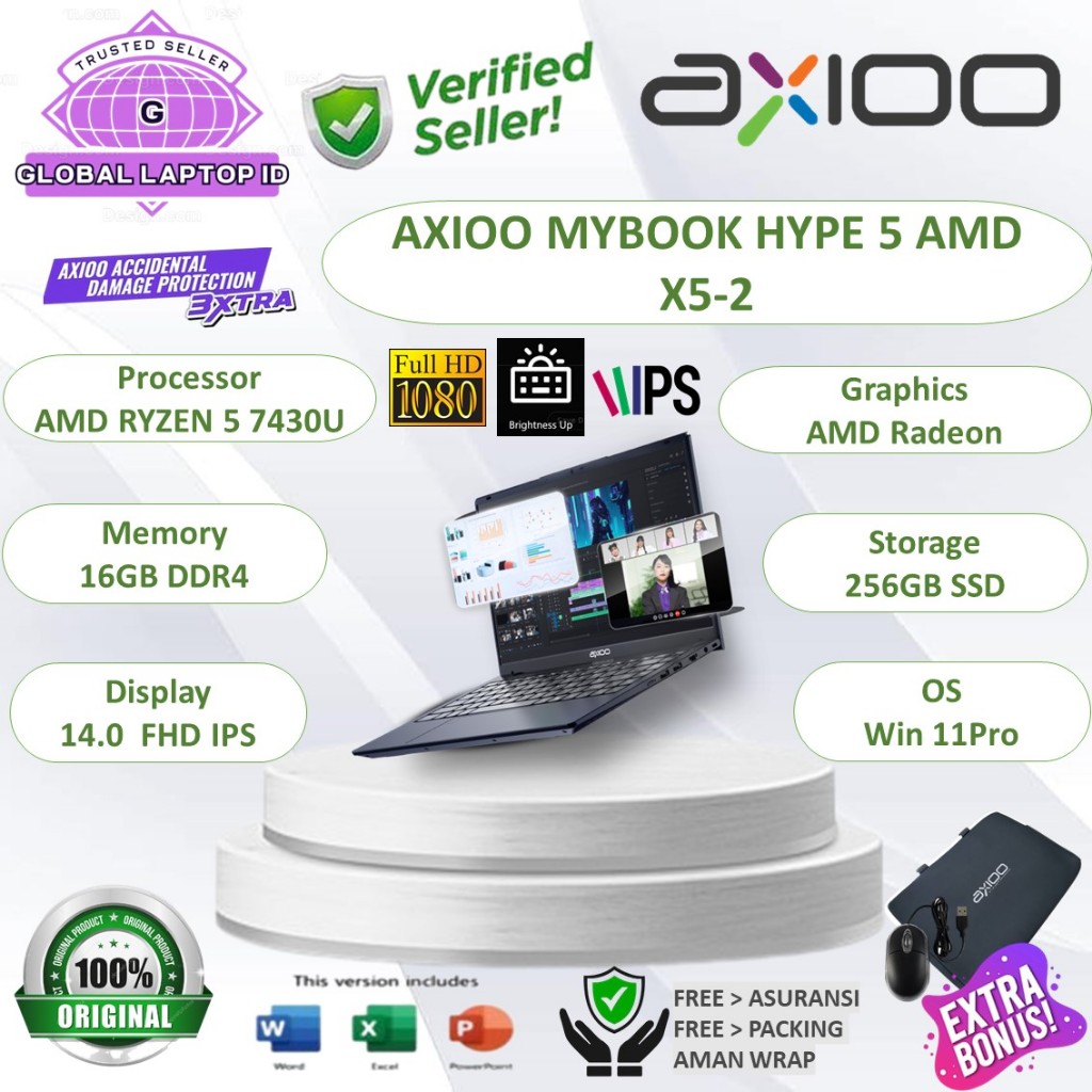 Jual RESMI Laptop AXIOO MYBOOK HYPE 5 AMD X5-2 RYZEN 5 7430U RAM 32GB SSD 256GB 14" FHD IPS ...