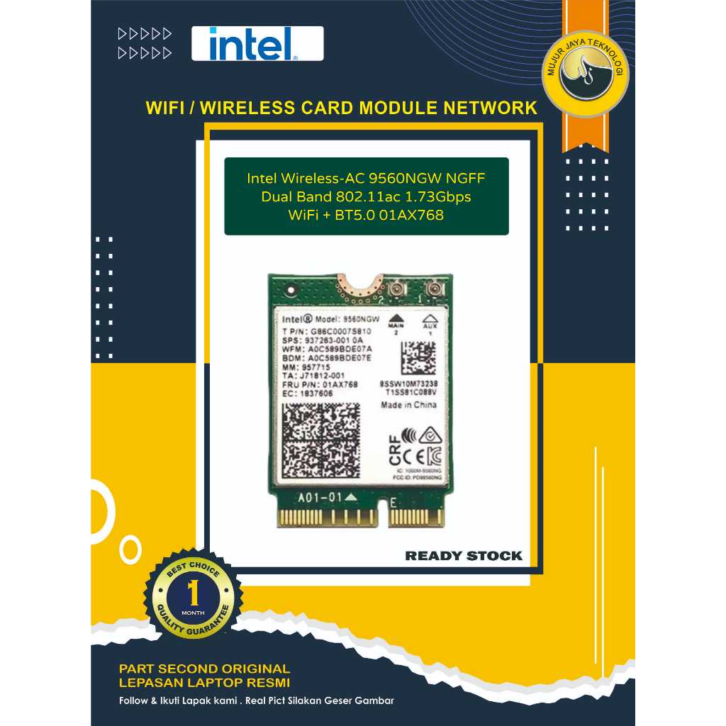 Jual Intel 9560NGW WIFI 5 Wireless card AC Dual Band BT 5.1 NGFF CNVI ...