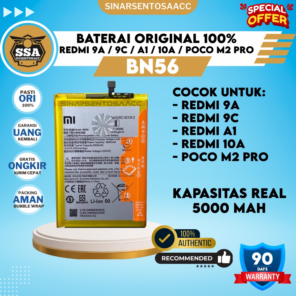 Jual Baterai Original 100% Redmi 10A 9A 9C A1 Poco M2 Pro BN56 Redmi10a ...