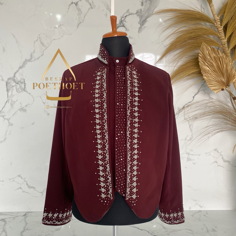 Jual Baju beskap pengantin Jawa solo hewes krowok merah maroon tua ...